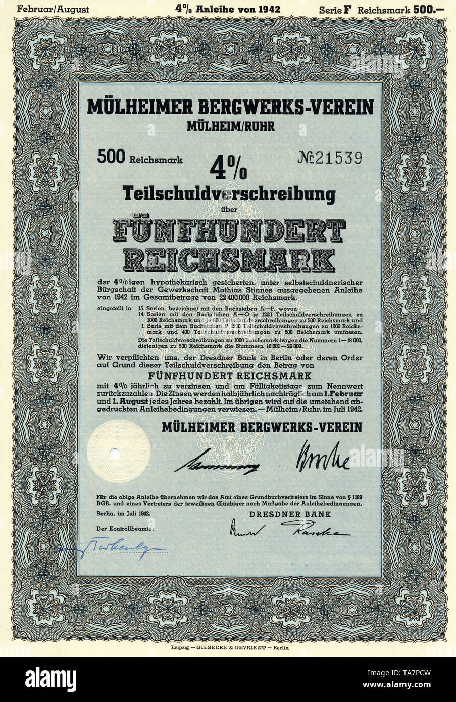 Historic stock certificate, Reichsmarks obligation, Germany ...