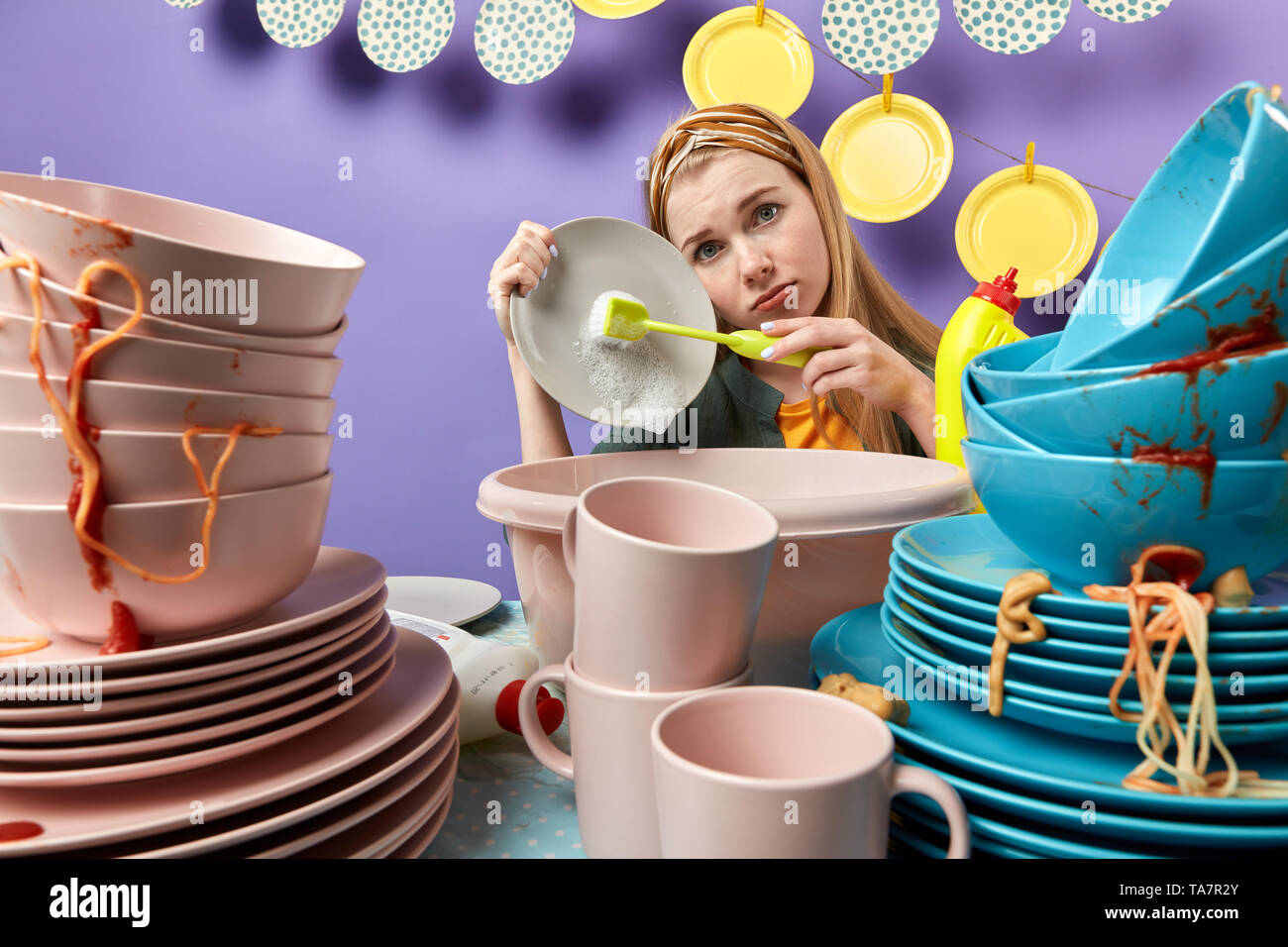 emotional frustrated woman overloaded much work after birthday party ...