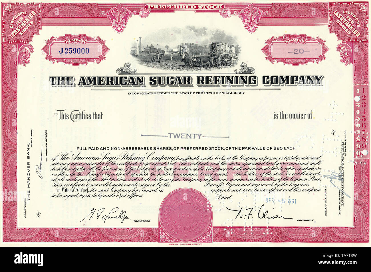 Historical stock certificate of a sugar mill hi-res stock photography ...