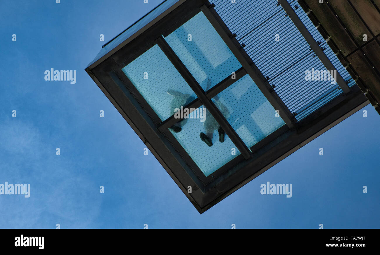 Lookout platform on a watchtower against blue sky at the three border ...