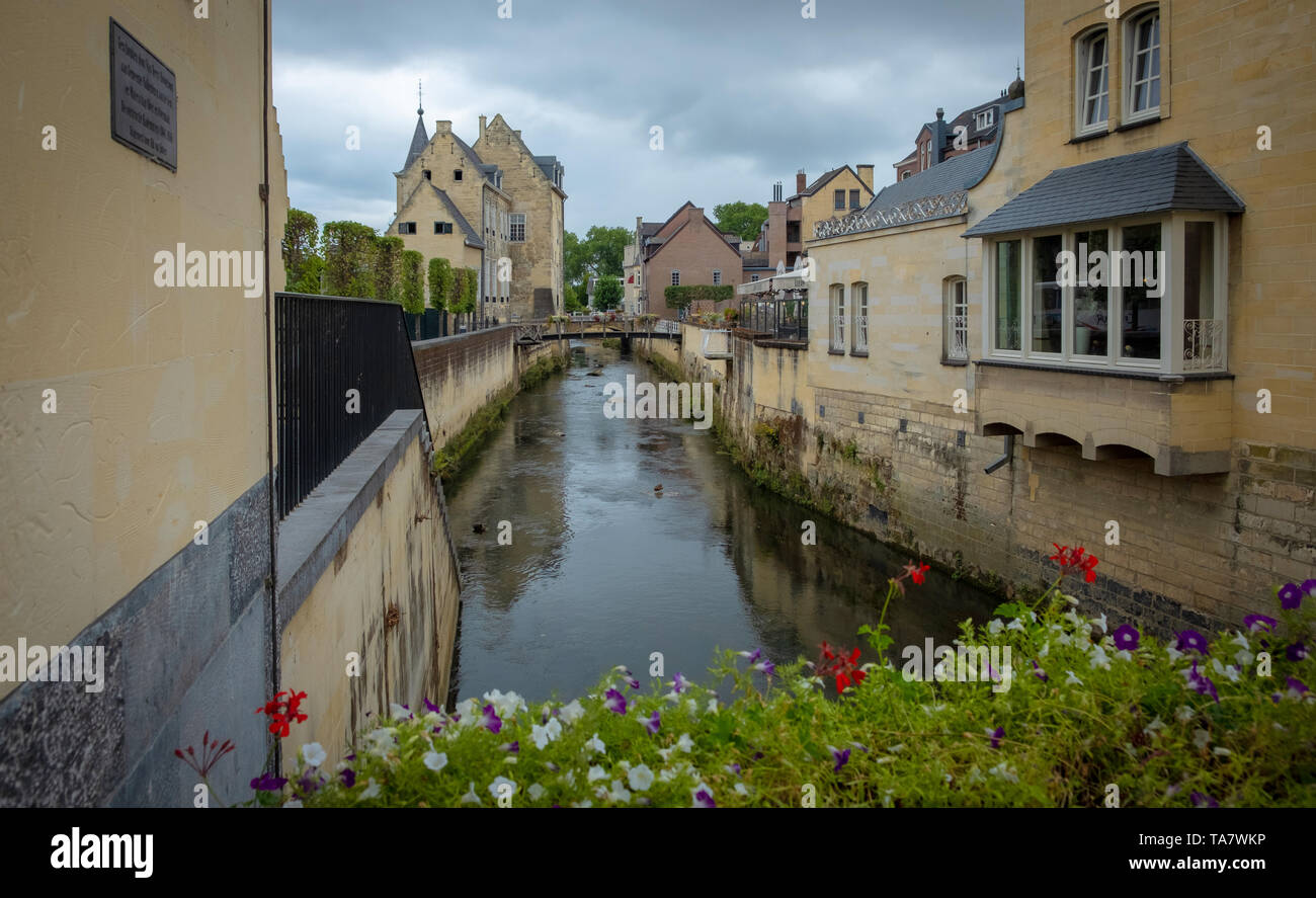 Street in medieval town of Valkenburg, The Netherlands during a cloudy ...