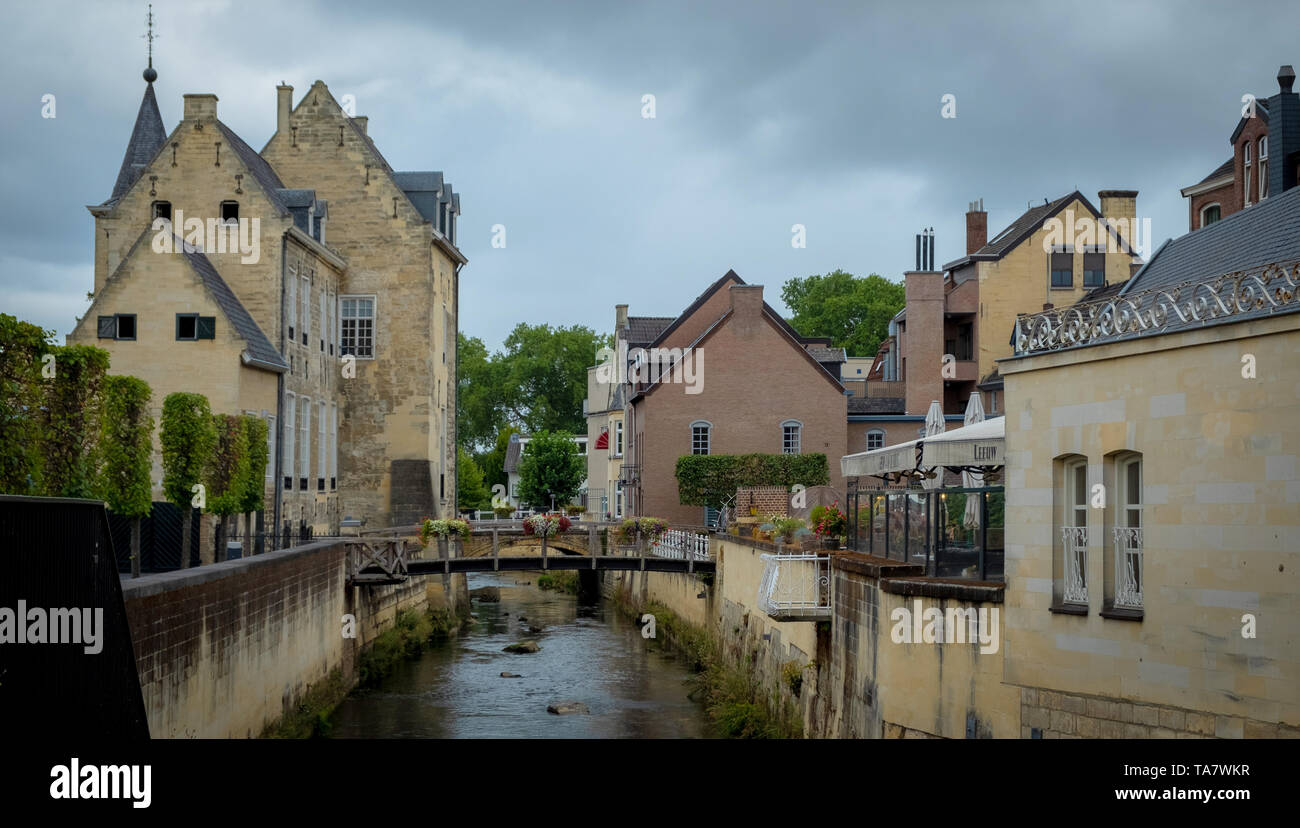 Street in medieval town of Valkenburg, The Netherlands during a cloudy ...