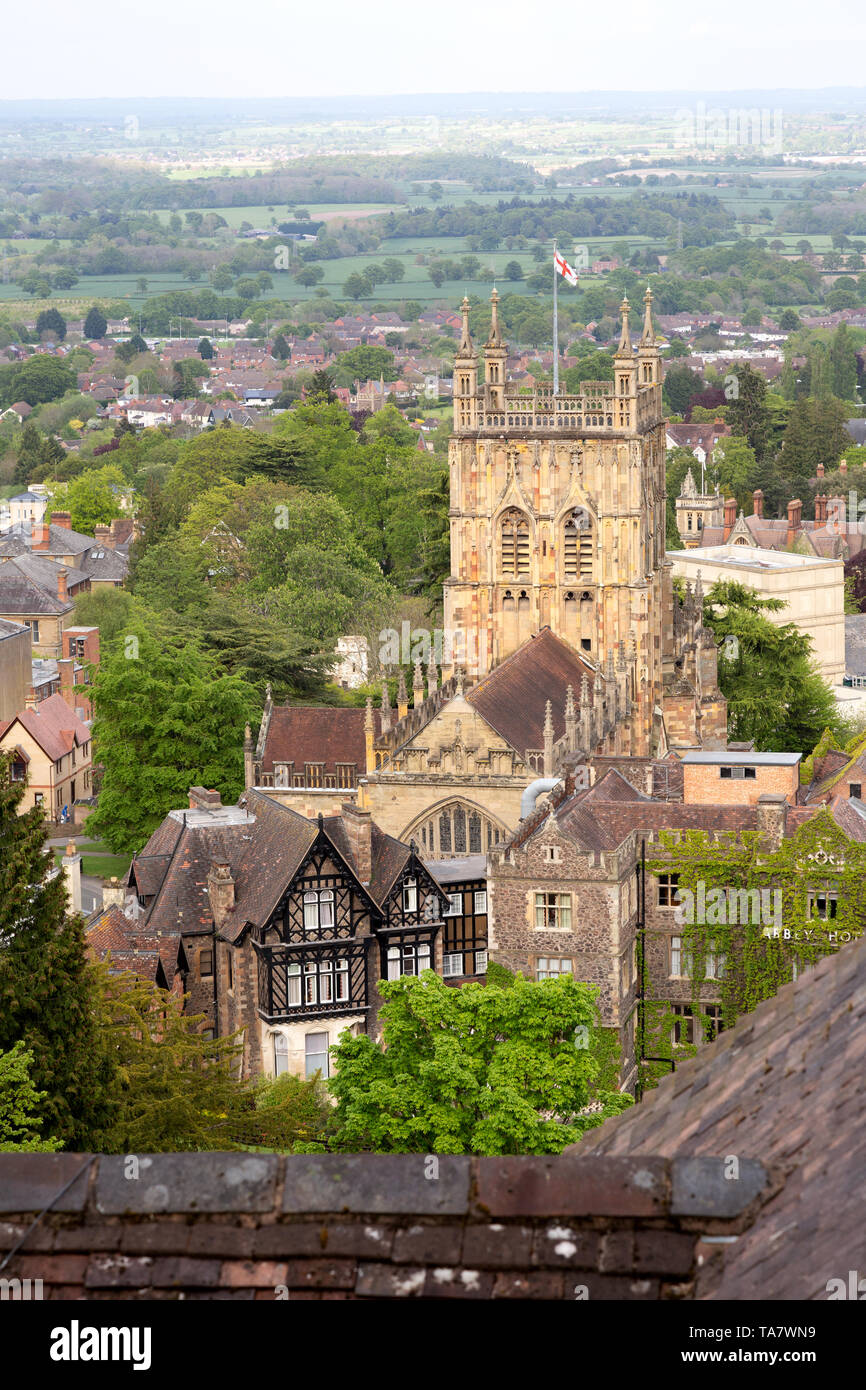 Malvern UK; Malvern skyline including Malvern Priory tower and the ...