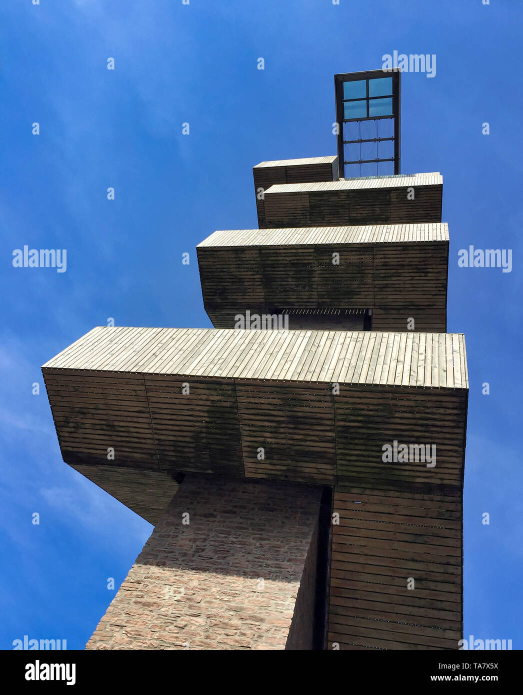 Lookout platform on a watchtower against blue sky at the three border ...