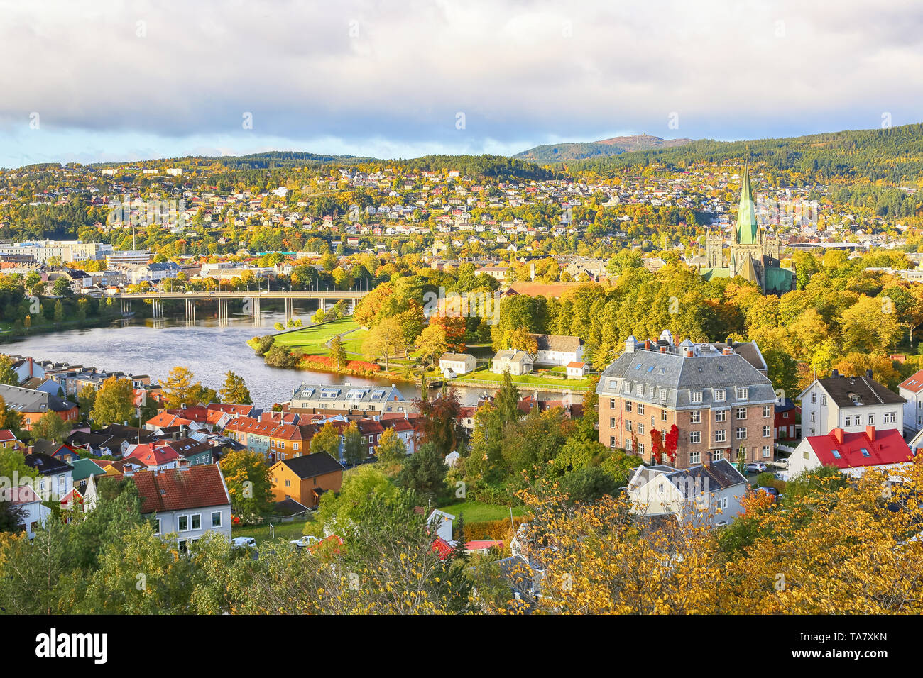 Fall in Trondheim, aerial view of the river Nidelva , the cathedral ...