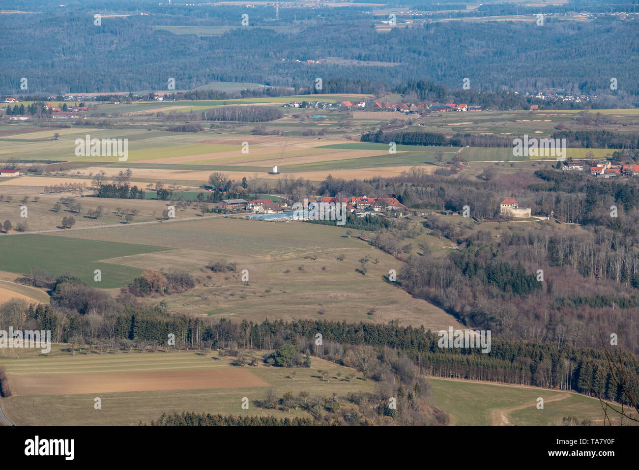 Little village in the middle of the german countryside with hills ...
