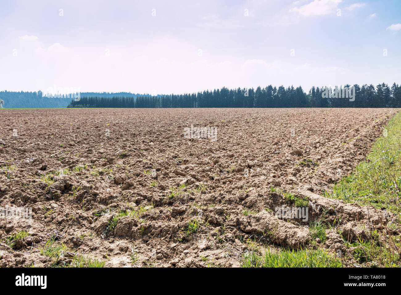 Big fields in the middle of the german countryside with hills, forests ...