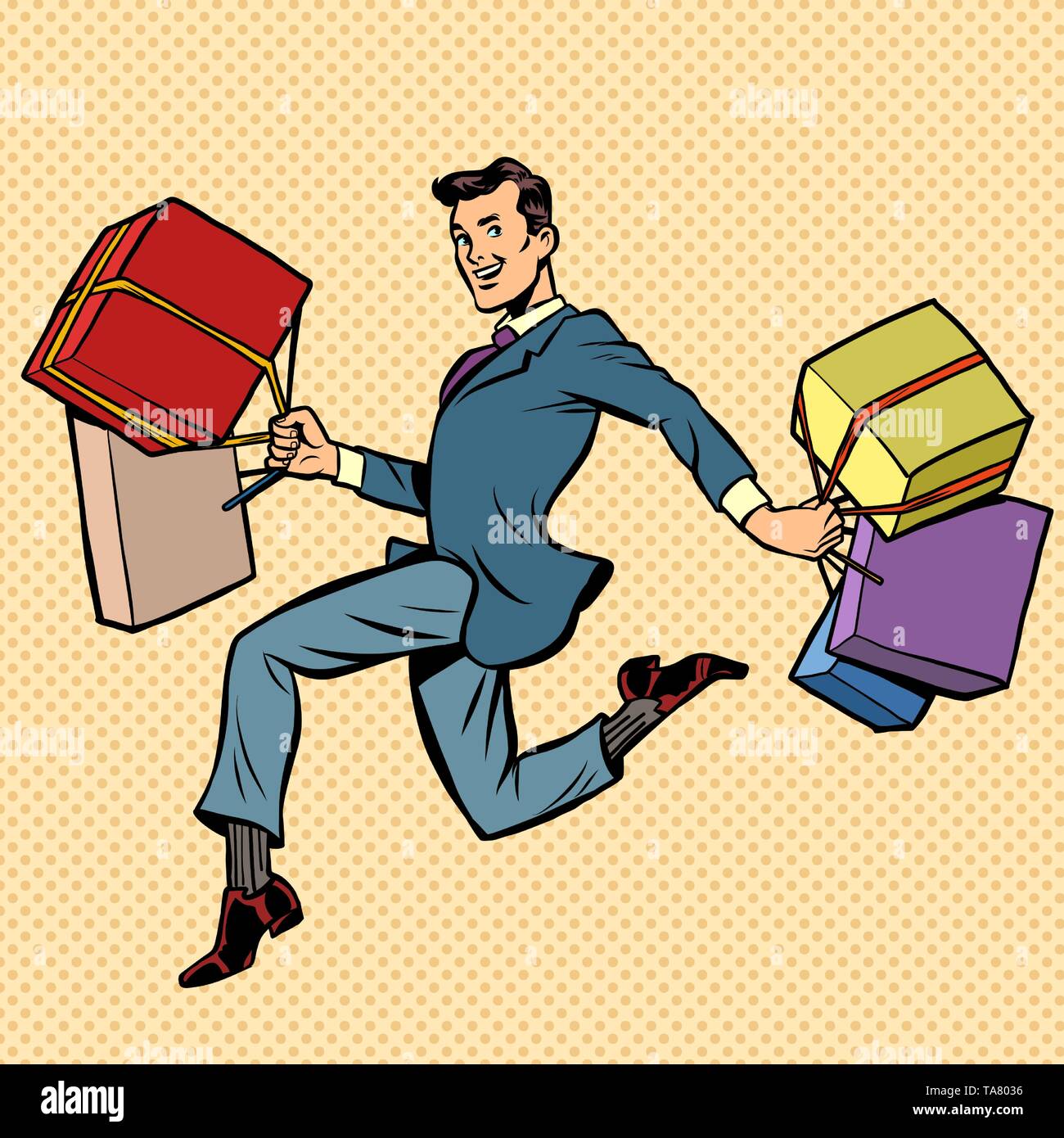 man businessman with gifts shopping. Comic cartoon pop art retro ...