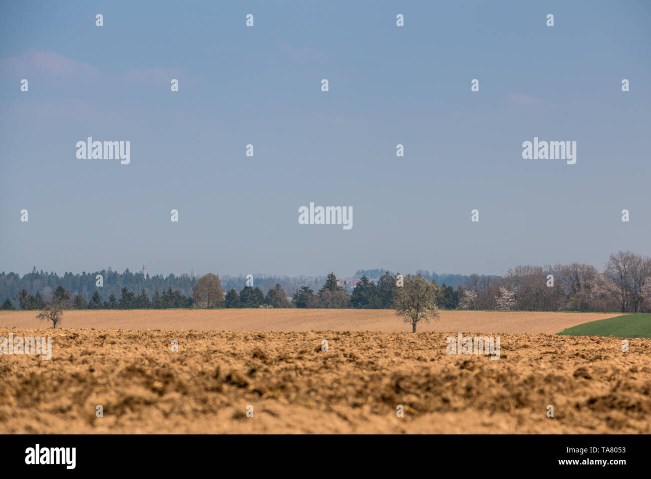 Big fields in the middle of the german countryside with hills, forests ...