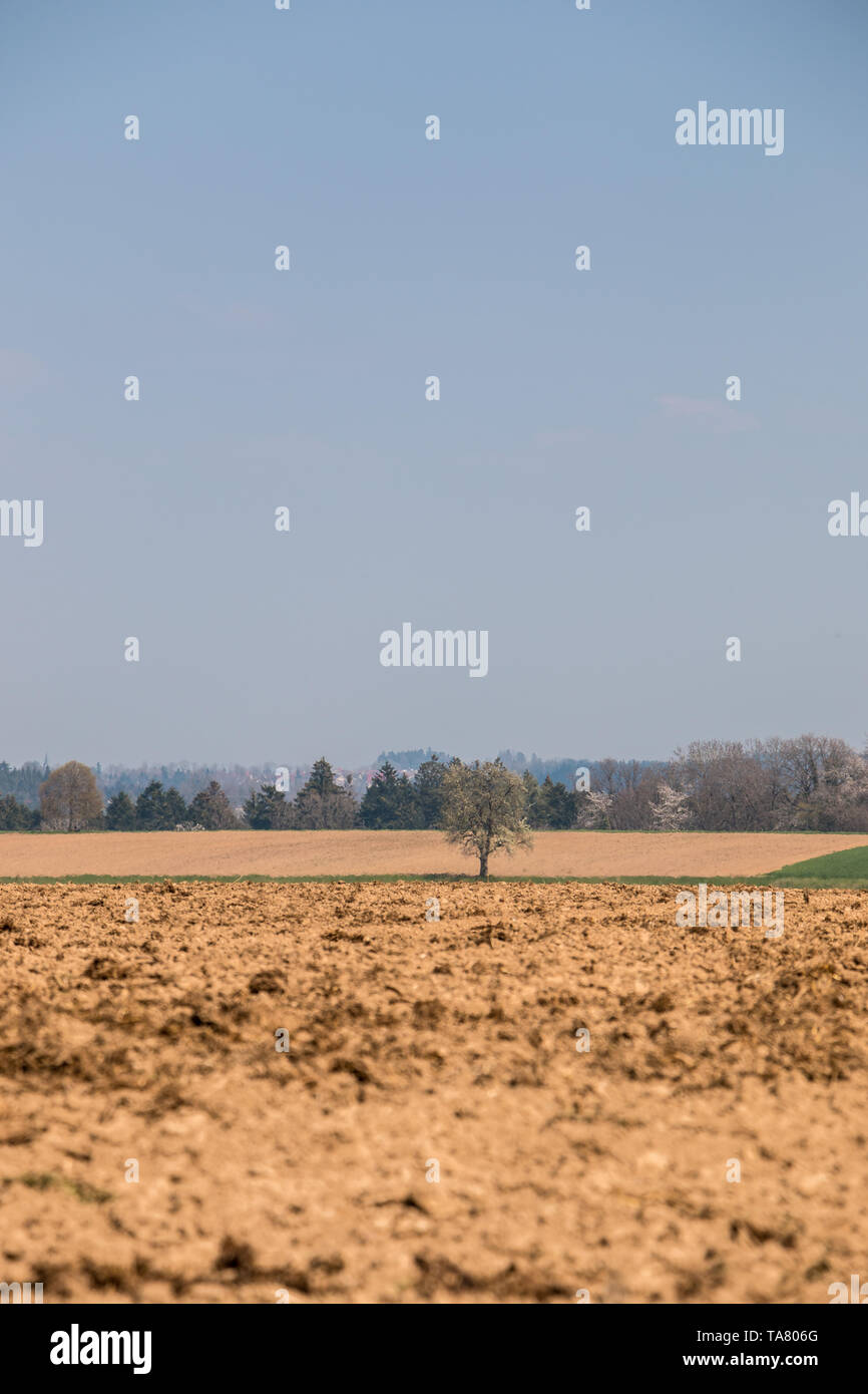 Big fields in the middle of the german countryside with hills, forests ...