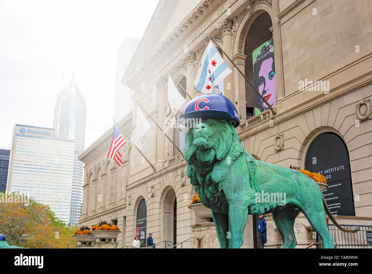 Chicago, Illinois, USA, October 2016: The bronze lion sculpture located ...