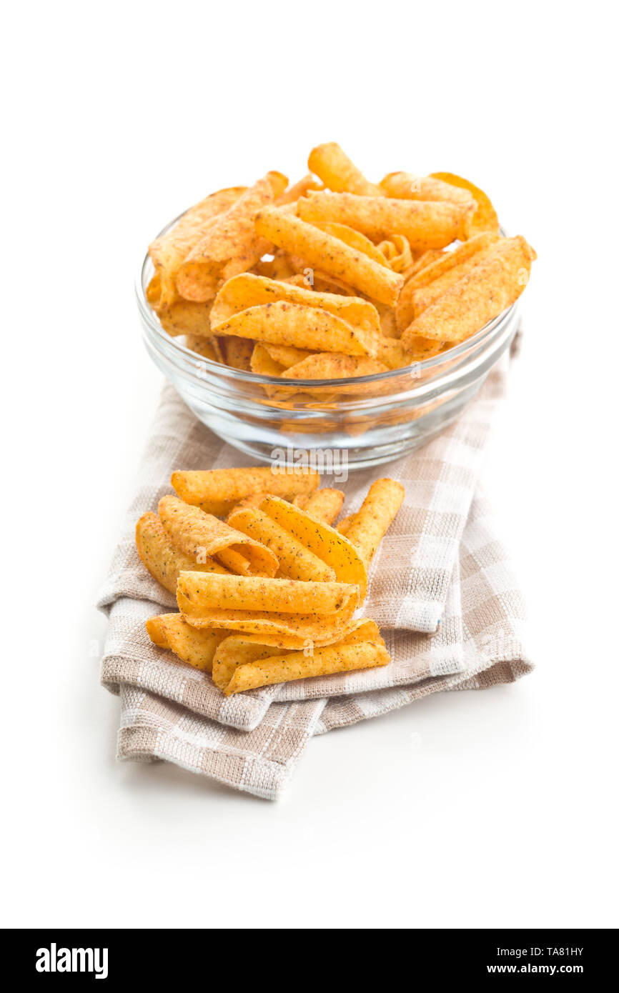 Rolled tortilla chips on checkered napkin isolated on white background ...