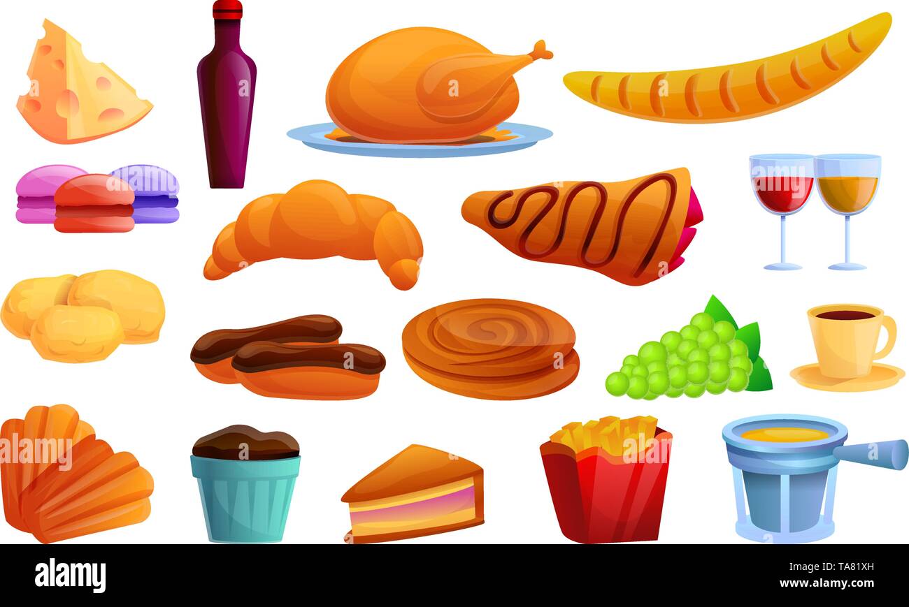 French food icons set. Cartoon set of french food vector icons for web ...