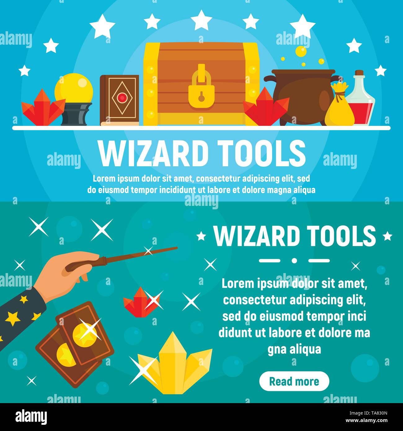 Wizard tools banner set. Flat illustration of wizard tools vector ...