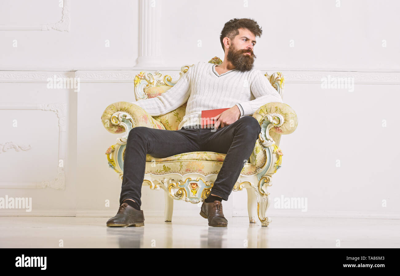Connoisseur of literature concept. Macho spends leisure with book. Man ...