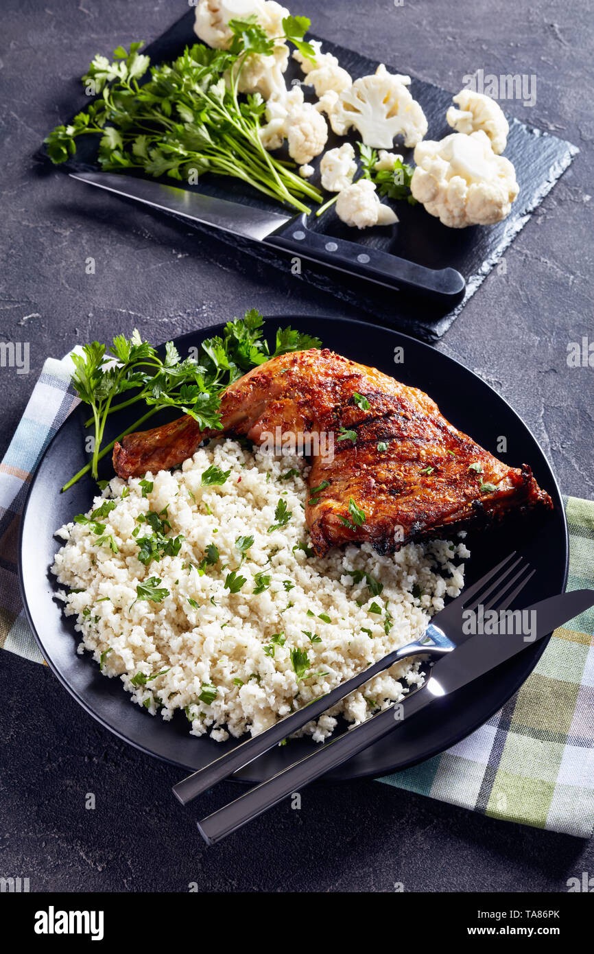 Crispy Oven Roasted Chicken Leg Quarter served with Cauliflower rice or ...