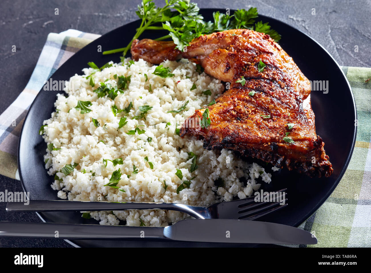 Crispy broiled Chicken Leg Quarter served with Cauliflower rice or ...
