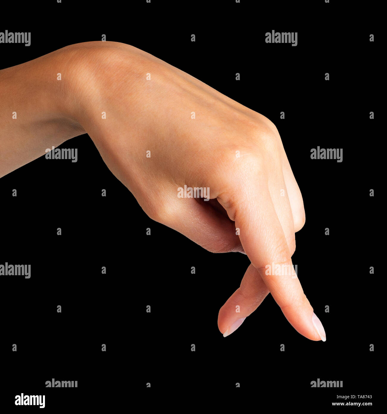 Female hand showing walking or dancing fingers on black background ...