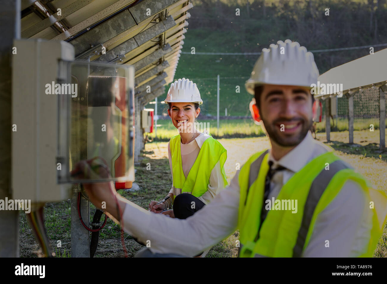 Engineers are testing the solar photovoltaic power generation Stock ...