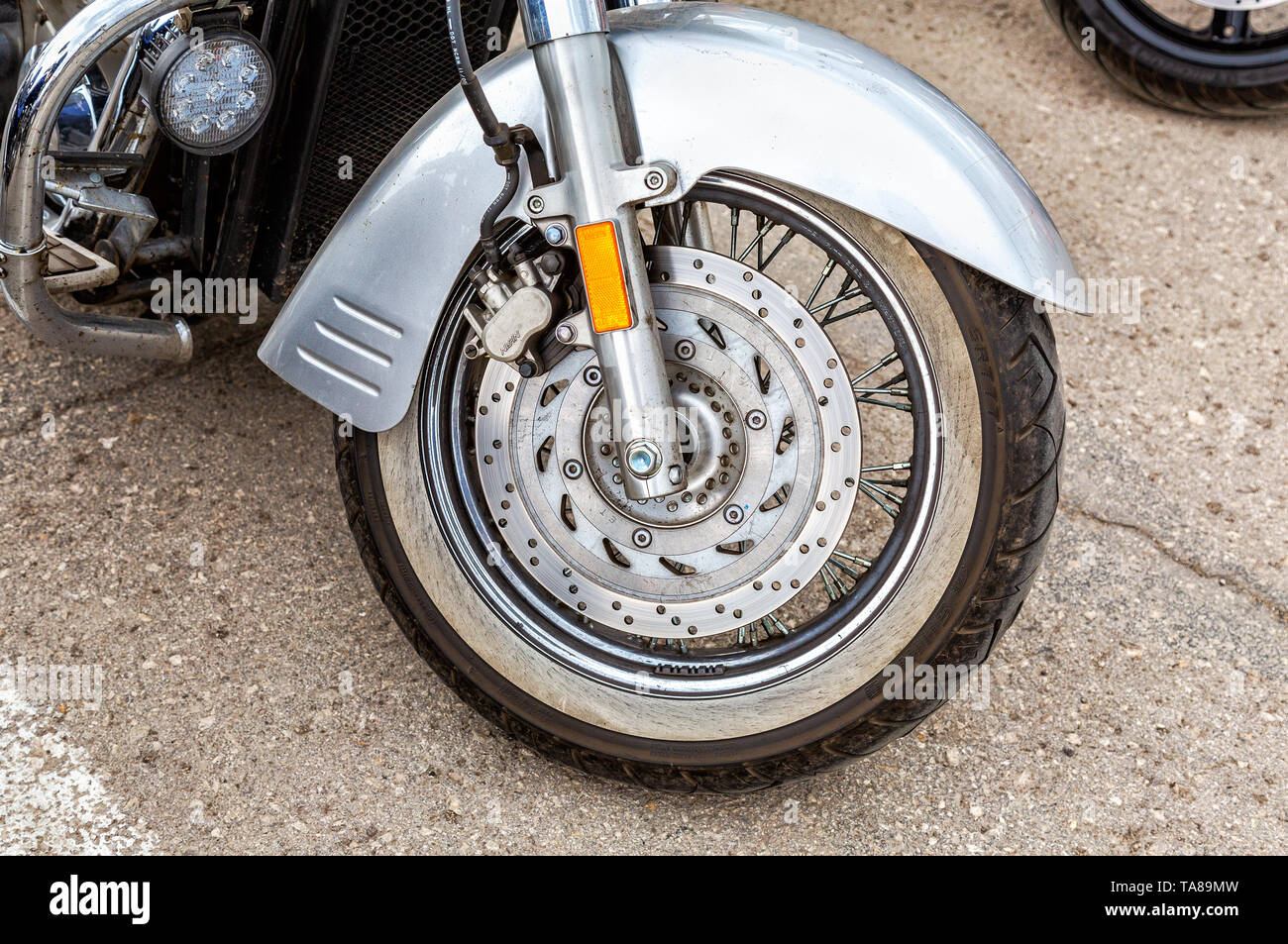 Samara, Russia - May 18, 2019: Front wheel of sports motorcycle. Brake ...