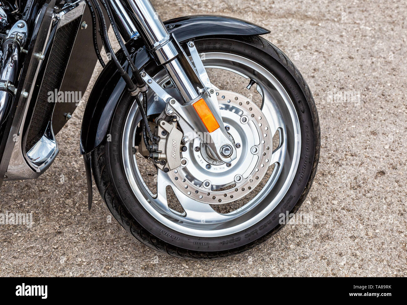 Samara, Russia - May 18, 2019: Front wheel of sports motorcycle. Brake ...