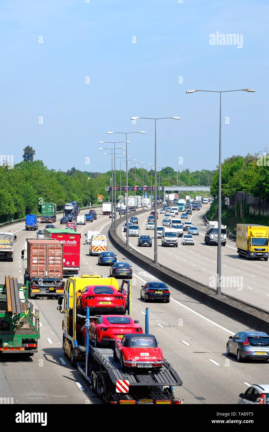 The busy M25 Motorway between Junction 11,Wisley and Junction 10 ...