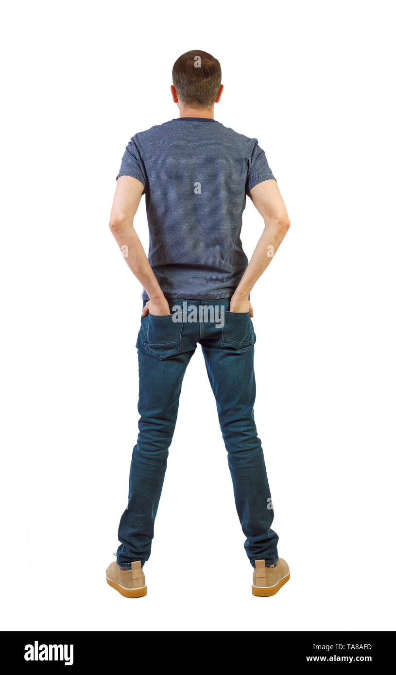 Back view of man in dark jeans. Standing young guy. Rear view people ...