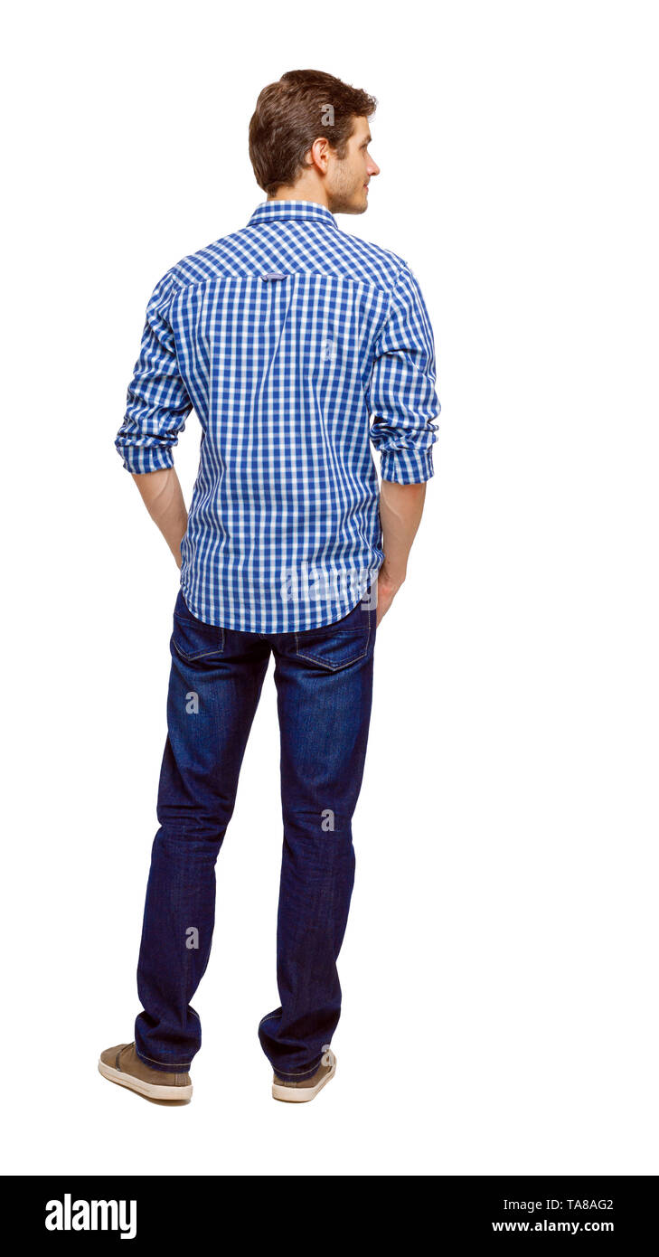 Back view of man in dark jeans. Standing young guy. Rear view people ...
