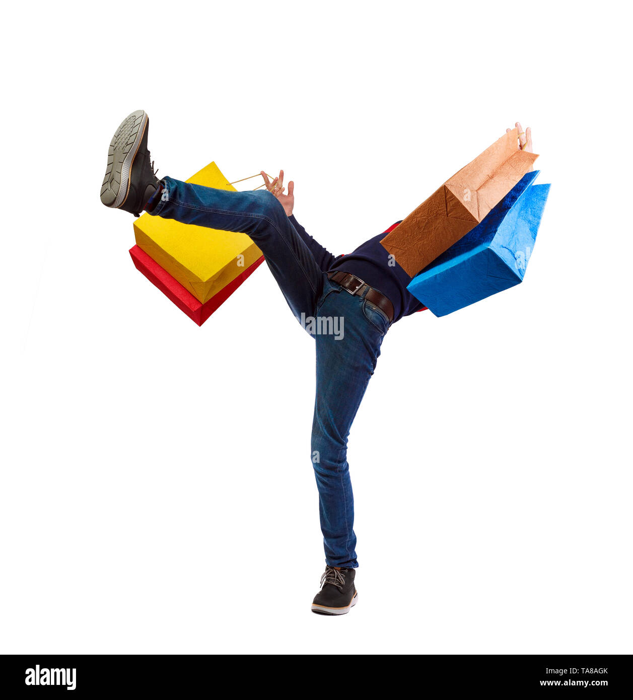 Falling man with shopping bags. Guy in motion. backside view of person ...