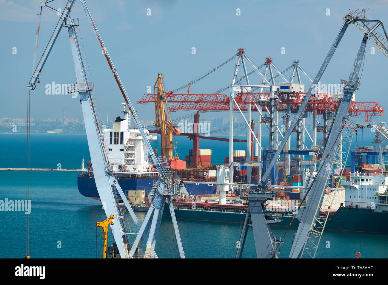 Industrial port, infrastructure of seaport, cranes and dry cargo ships ...
