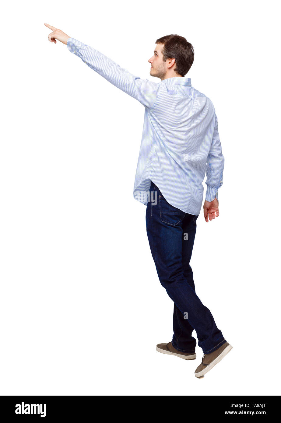 Back view of a man walking with a pointing hand. going guy showing ...