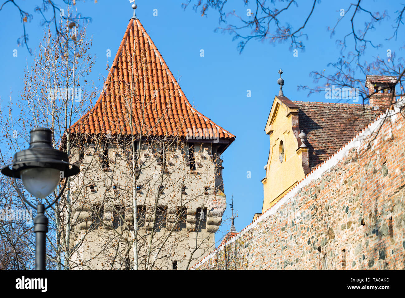 Medieval fortification system of walls and towers in famous Sibiu city ...