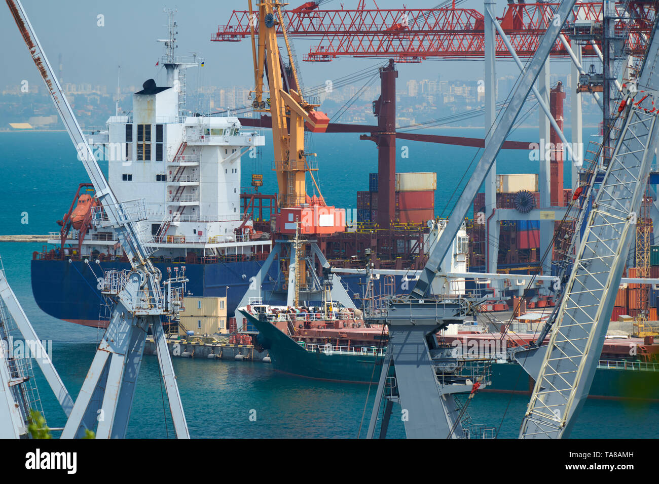 Industrial port, infrastructure of seaport, cranes and dry cargo ships ...