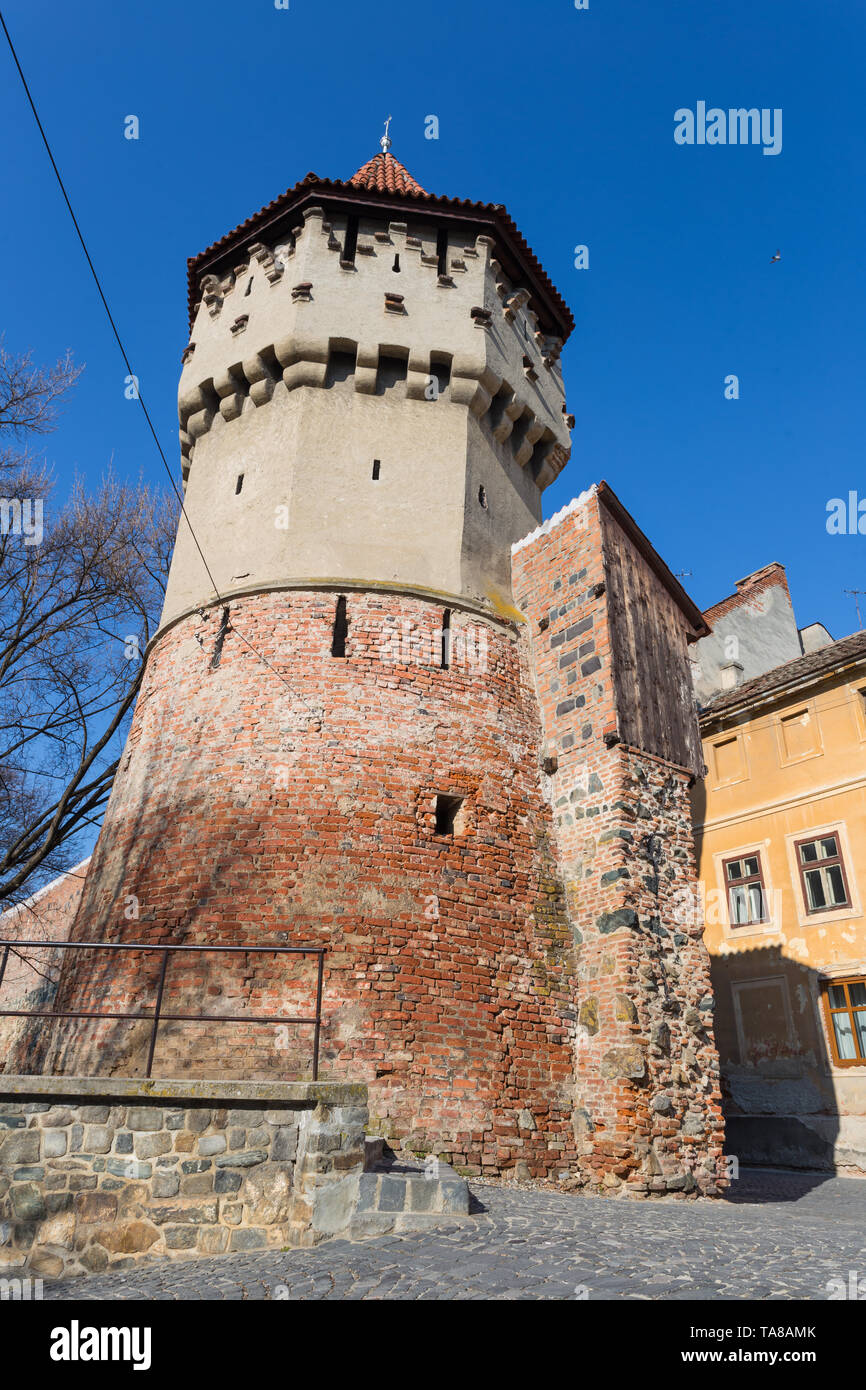 Medieval fortification system of walls and towers in famous Sibiu city ...