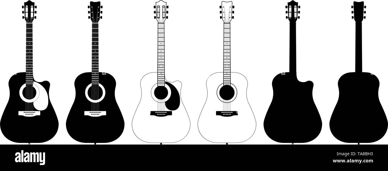 A set of acoustic classic guitars of lack on white background. String ...