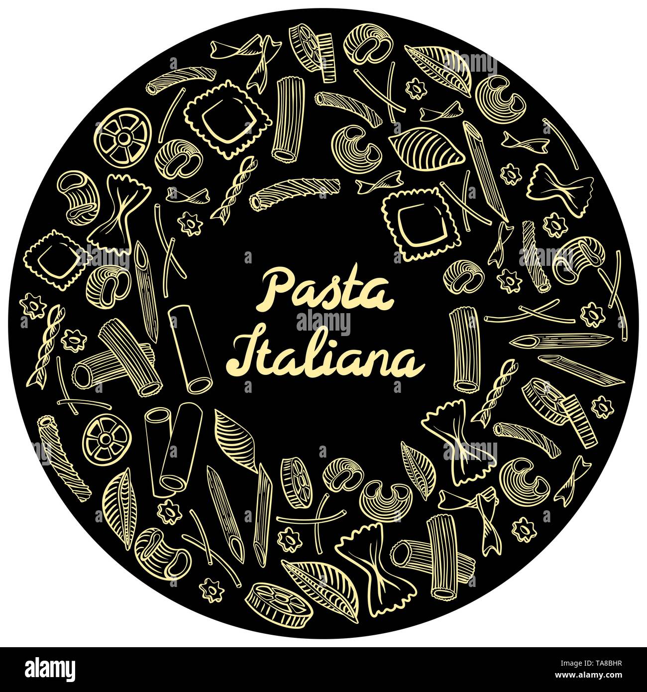 Round frame with italian macaroni of different kinds. light yellow ...