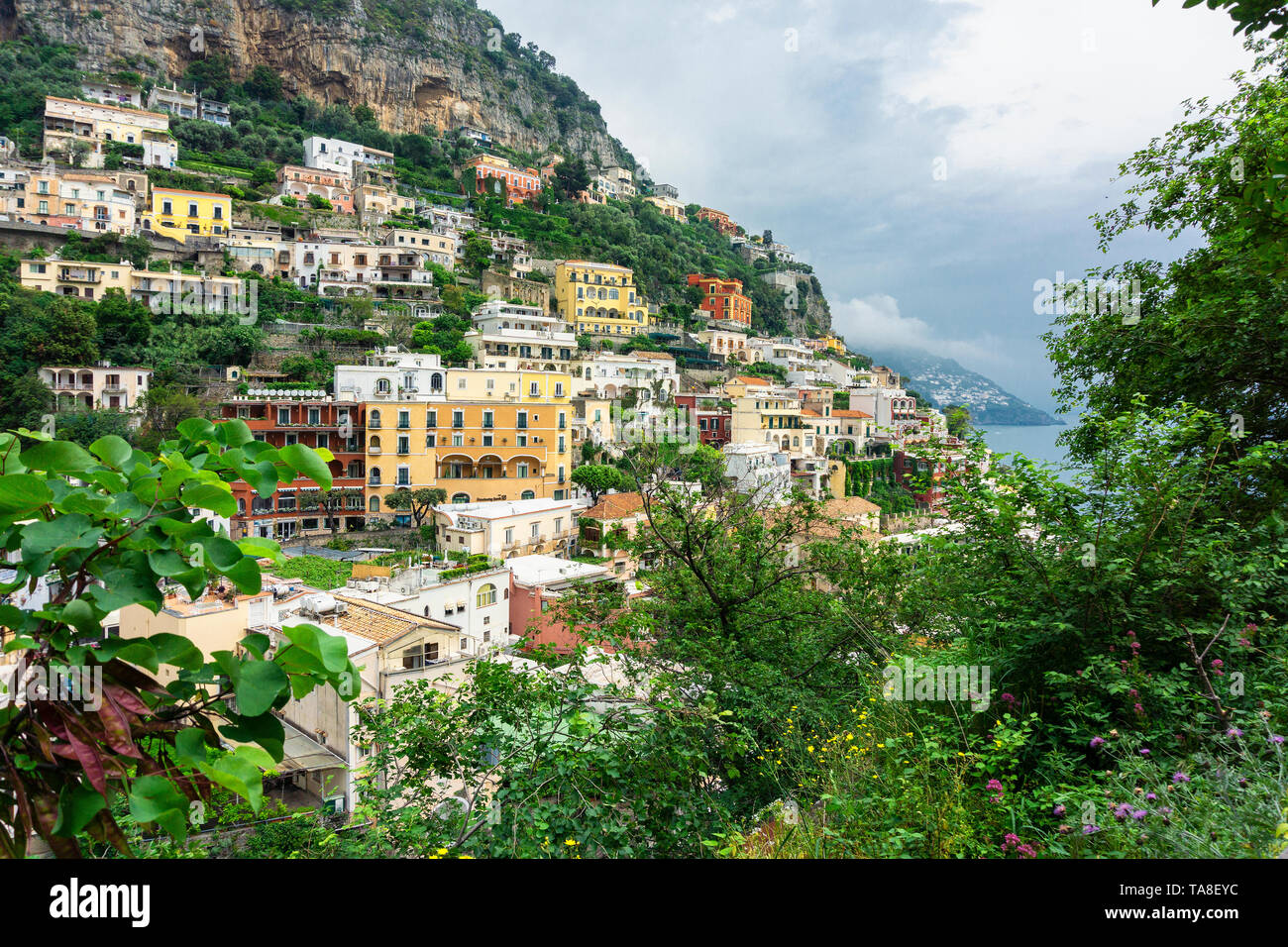 Positano, Italy cliffside buildings and coast line Stock Photo - Alamy
