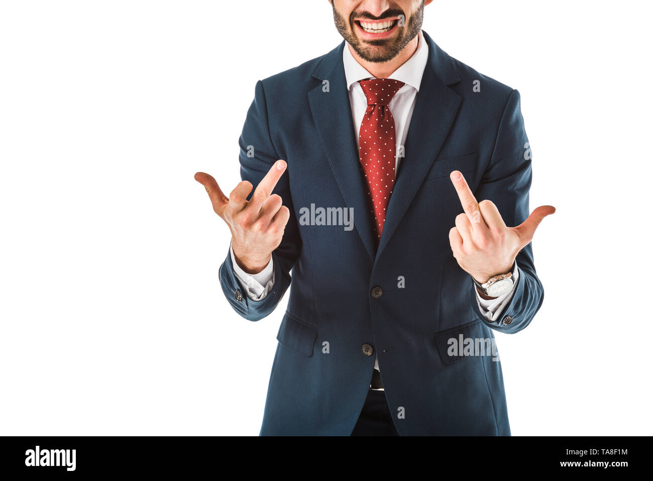 partial view of businessman in black suit showing middle fingers ...