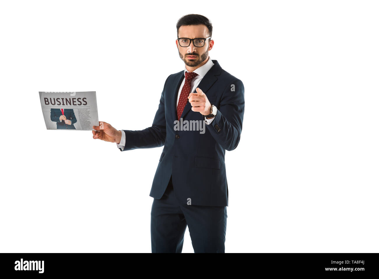 serious businessman holding businessman holding newspaper and pointing ...