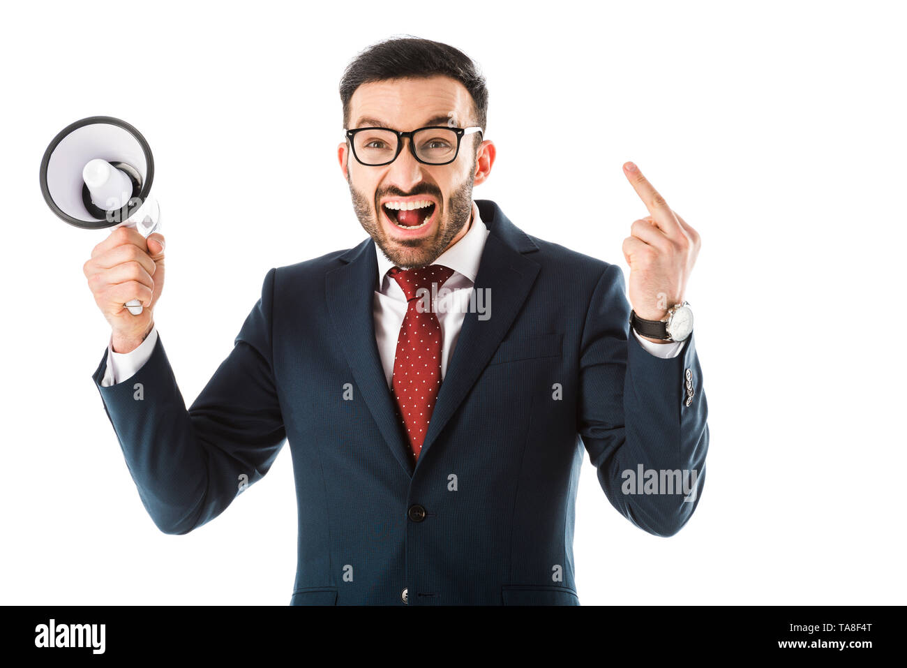 angry businessman with loudspeaker screaming and showing middle finger ...
