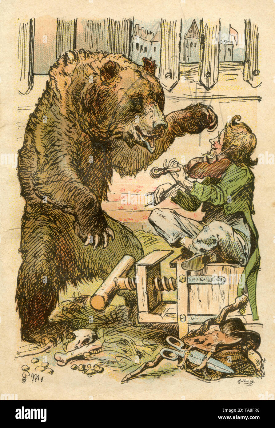 The clever little tailor. Tailor with violin and bear. Grimm's fairy ...