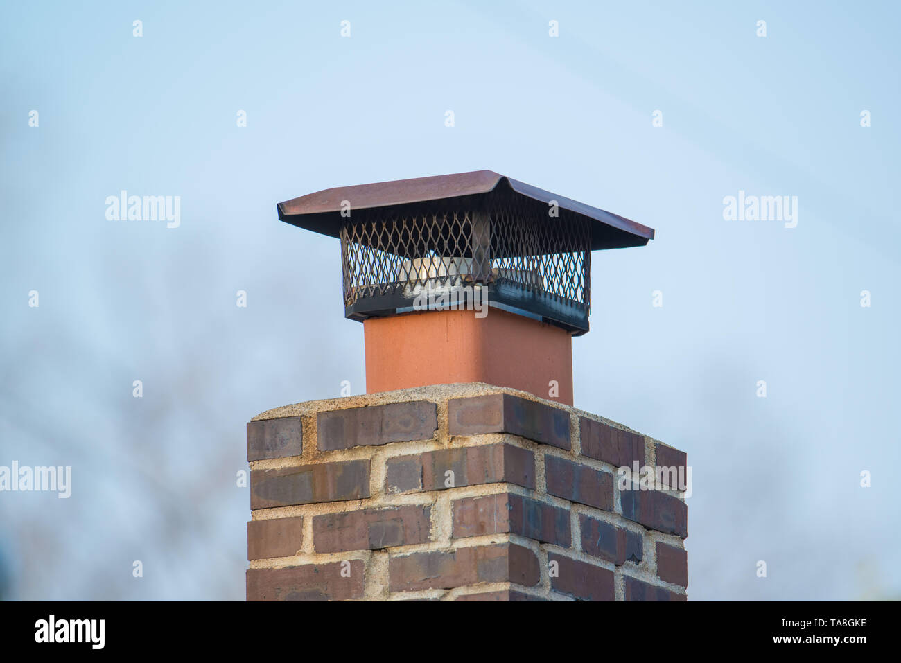 Brick chimney with rodent and pest fencing guard around vent Stock ...