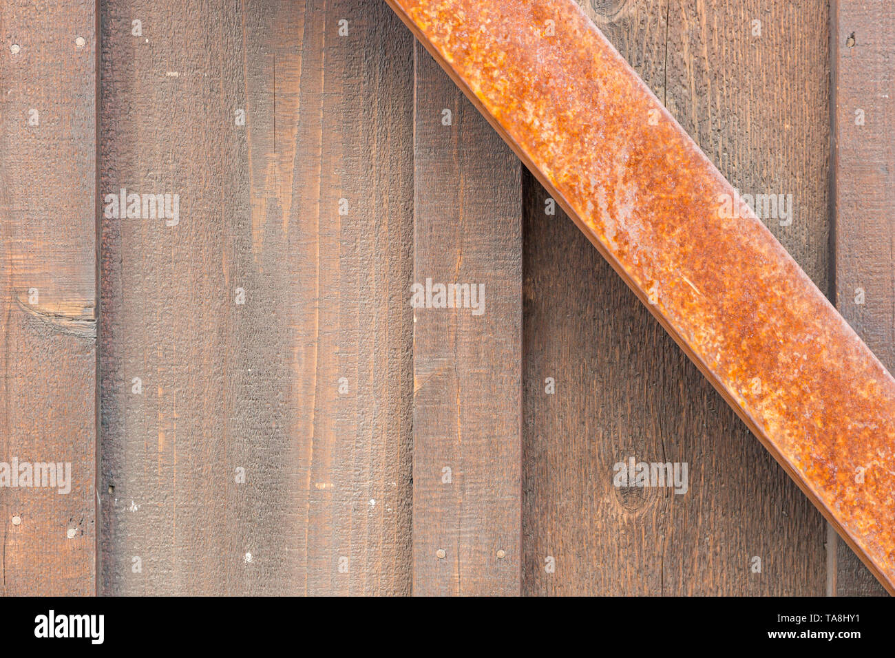 Wooden Wall with Rusty Metal Beam Background Stock Photo - Alamy