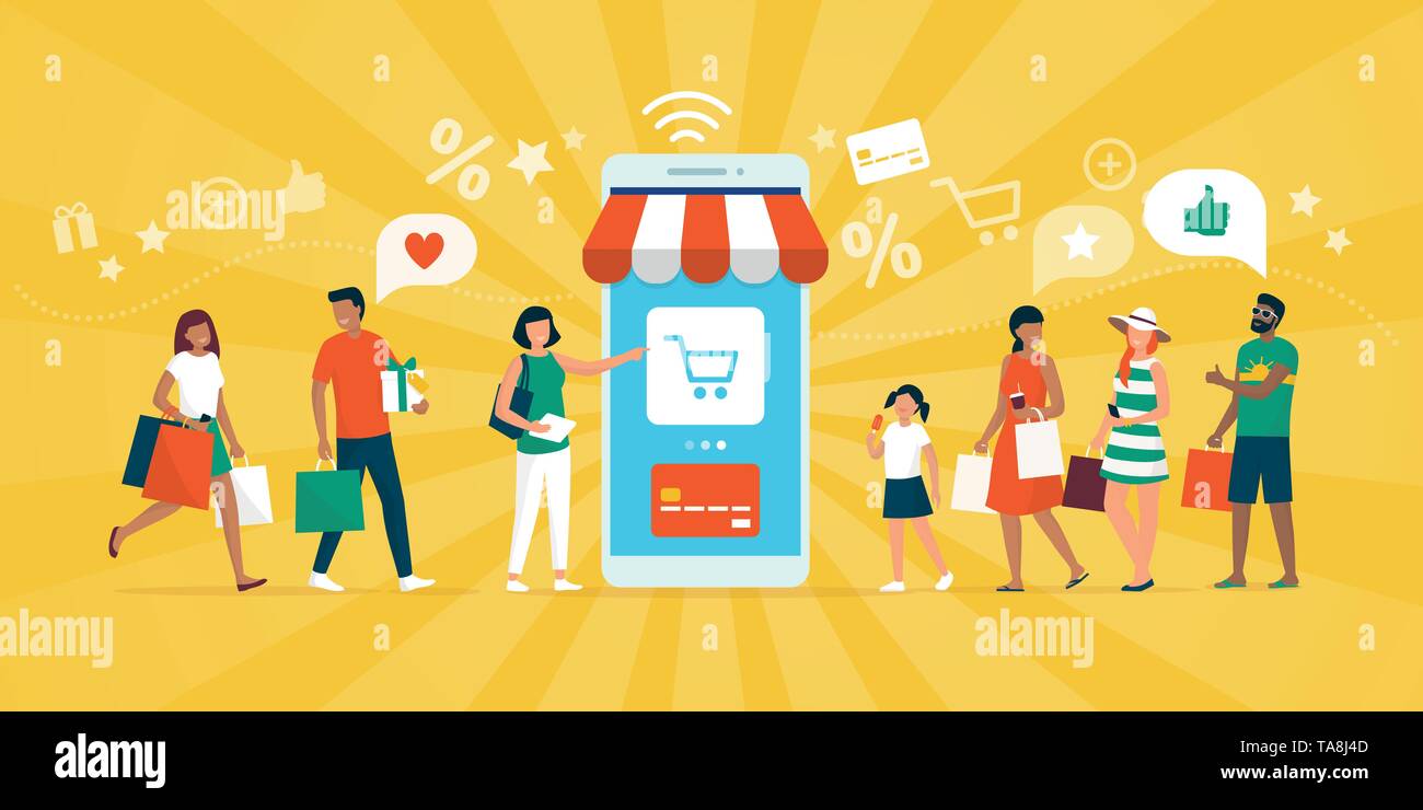 Happy multiethnic people shopping together on a shopping app and ...