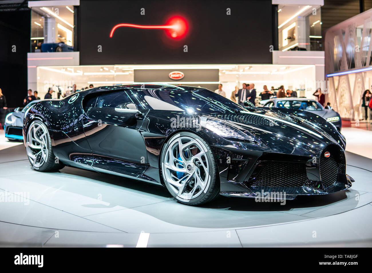 Geneva, Switzerland, March 07, 2019: metallic black Bugatti La Voiture ...