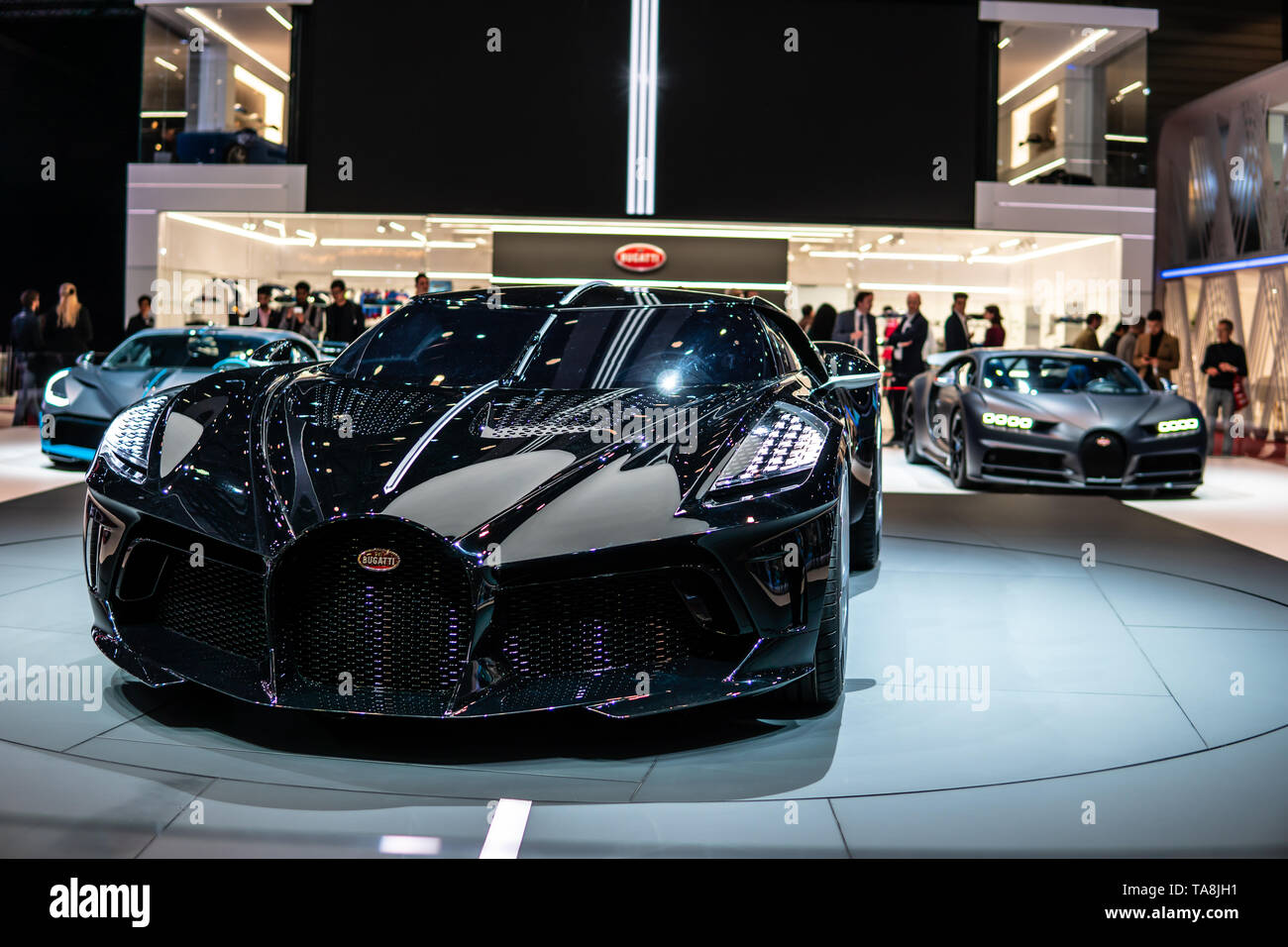 Geneva, Switzerland, March 07, 2019: metallic black Bugatti La Voiture ...