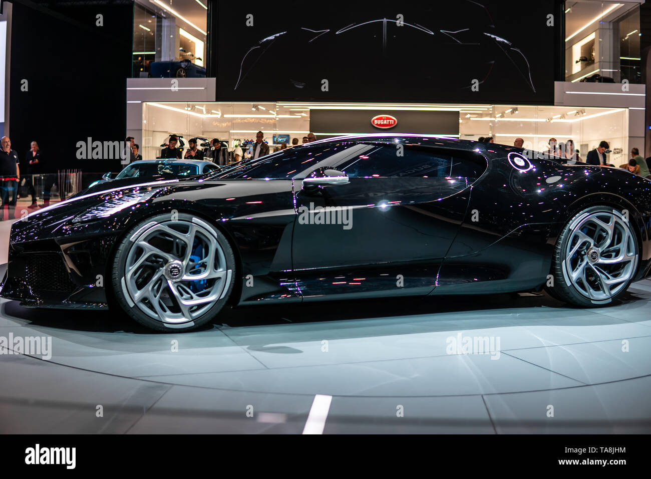 Geneva, Switzerland, March 07, 2019: metallic black Bugatti La Voiture ...