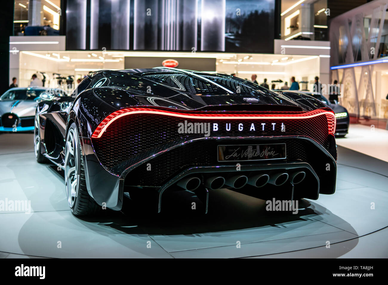 Geneva, Switzerland, March 07, 2019: metallic black Bugatti La Voiture ...
