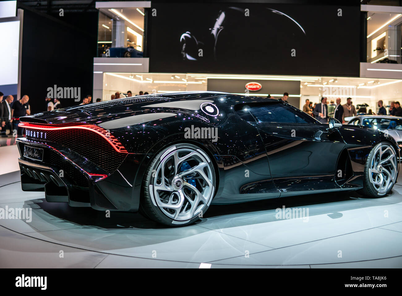 Geneva, Switzerland, March 07, 2019: metallic black Bugatti La Voiture ...