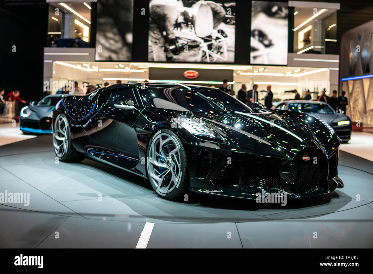 Geneva, Switzerland, March 07, 2019: metallic black Bugatti La Voiture ...